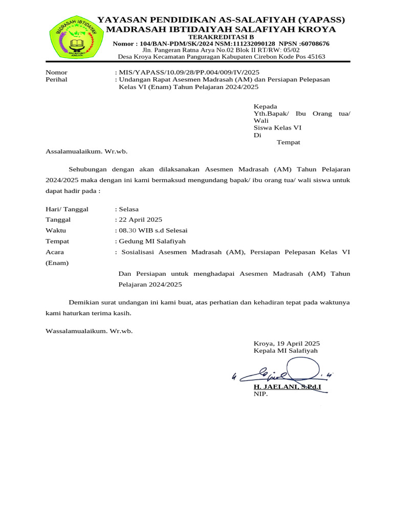 Undangan Rapat Kelas VI - 2025 | PDF