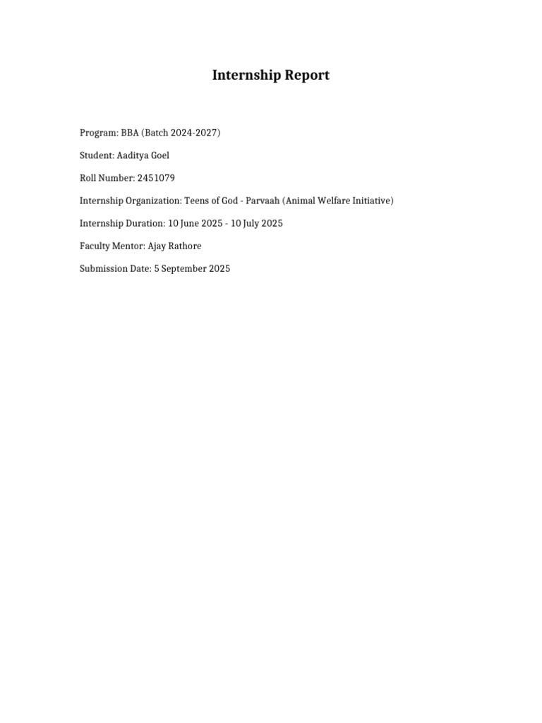 BBA Internship Report: Parvaah Animal Welfare | PDF
