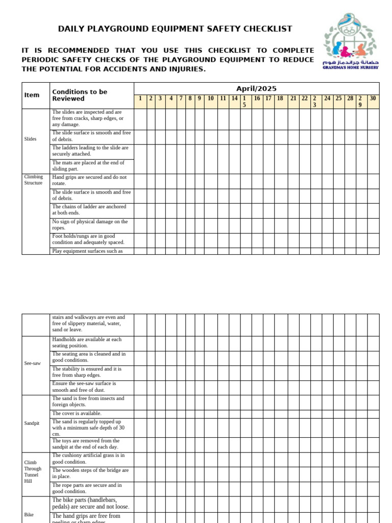 Playground Equipment Safety Checklist | PDF | Playground | Ladder