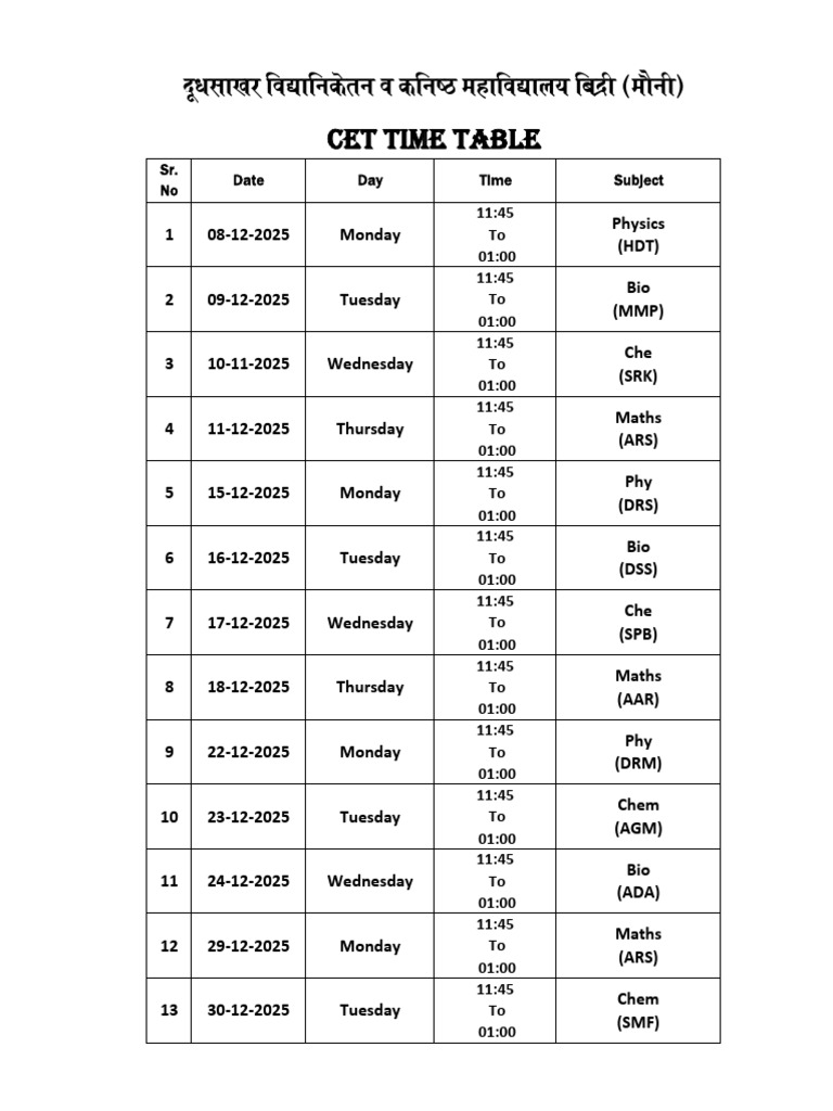 CET Exam Schedule December 2025 | PDF