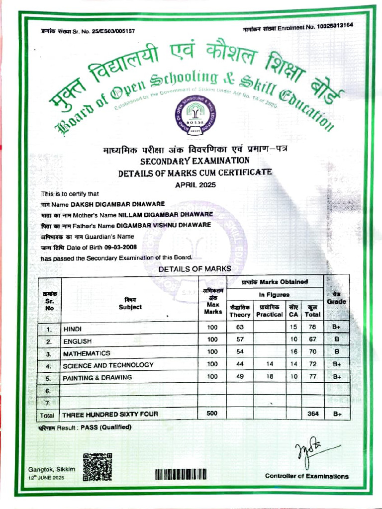 Daksh Dhaware Marksheet | PDF