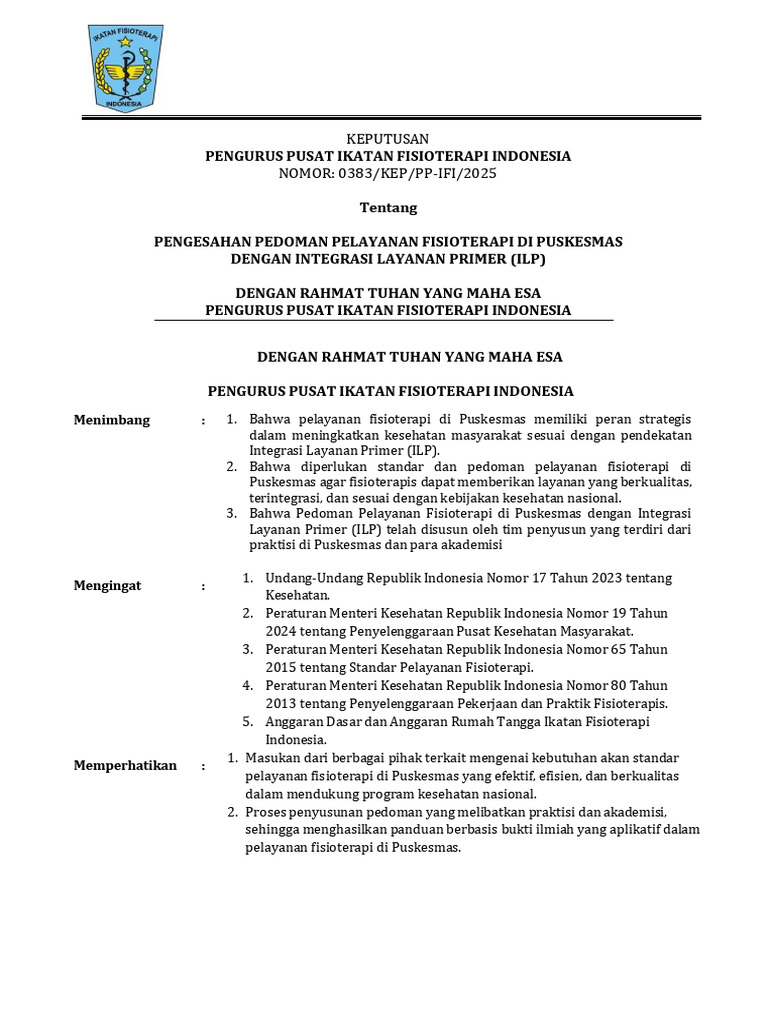1. Pedoman Pelayanan Fisioterapi Di Puskesmas Dengan ILP, Completed by SK | PDF
