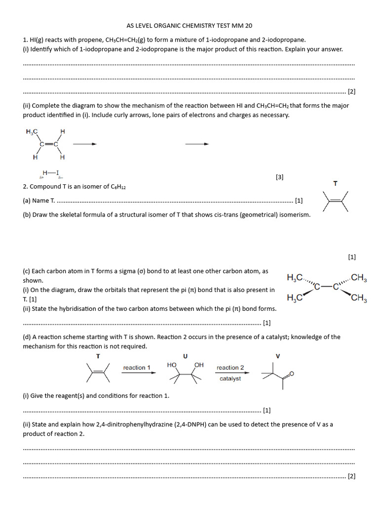 AS Level Organic Chemistry Test Guide | PDF | Chemical Reactions | Isomer