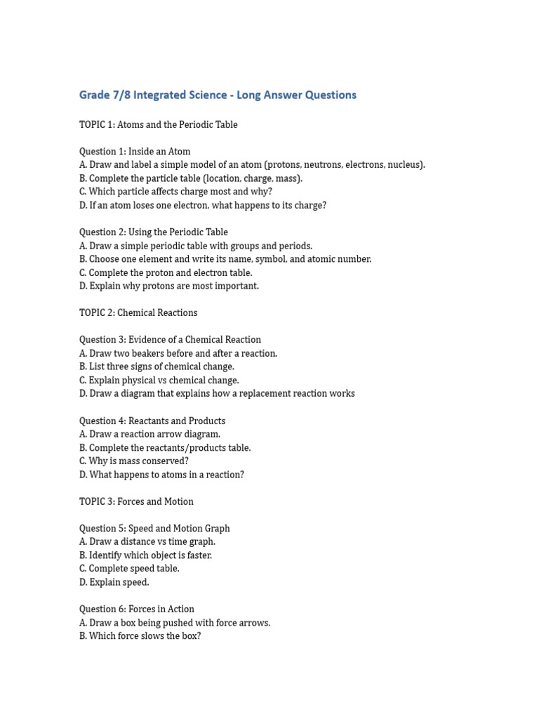 Grade 7/8 Science Long Answer Questions | PDF | Atoms | Proton