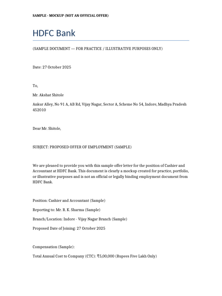 HDFC Offer Sample Editable Akshat Shitole | PDF