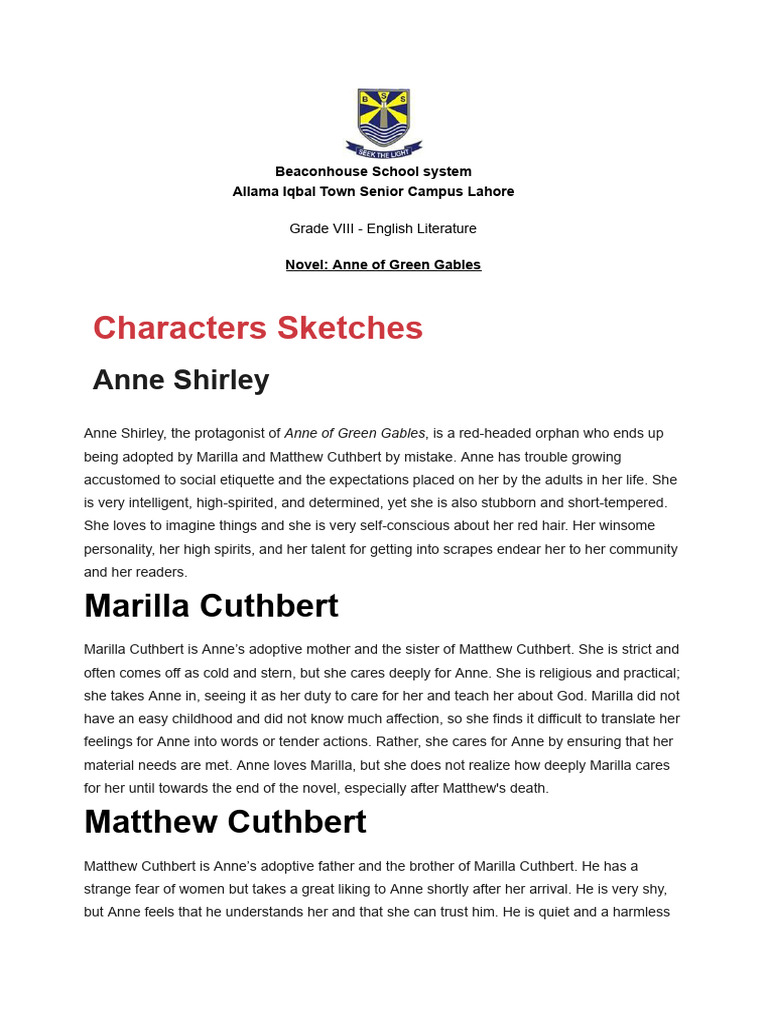 Character Sketches: Anne of Green Gables | PDF | Anne Of Green Gables ...