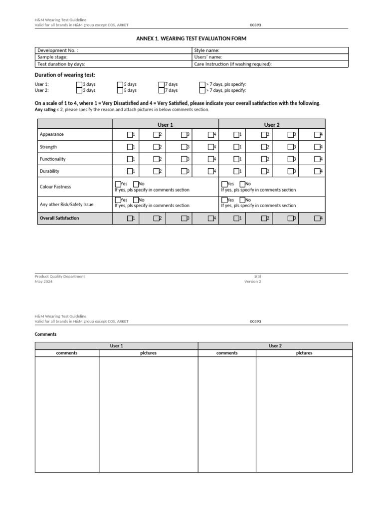 H&M Wearing Test Evaluation Guide | PDF