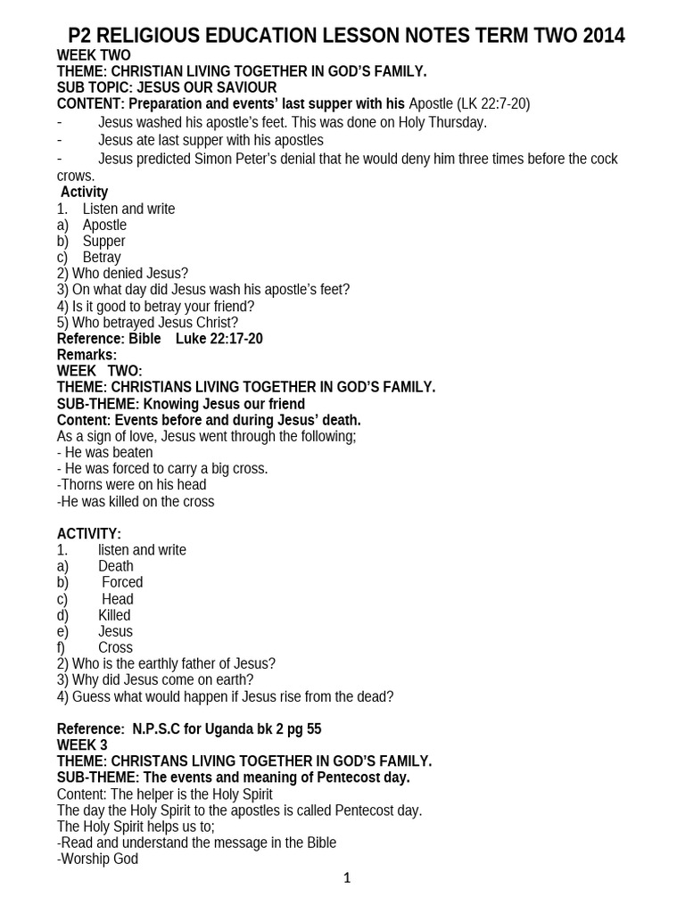 P2 Religious Education Lesson Notes | PDF | Jesus | Last Supper