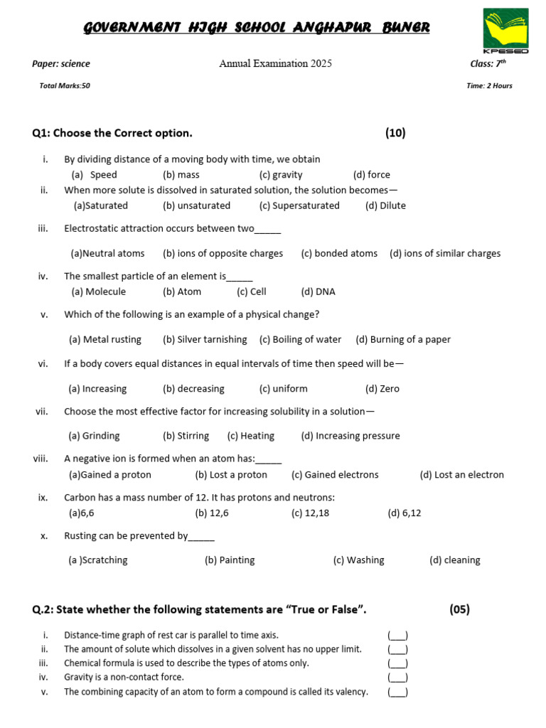 science paper for grade 7th | PDF | Atoms | Ion