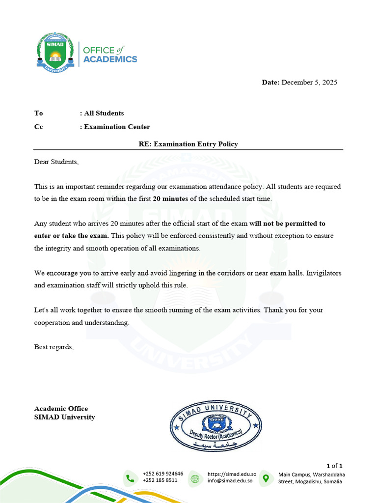 SIMAD University Exam Entry Policy | PDF