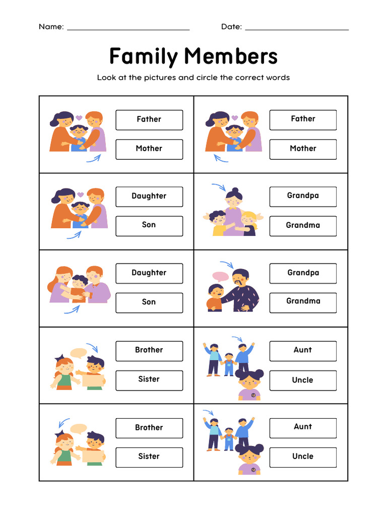 Colorful Illustrative Family Member Identification Worksheet | PDF