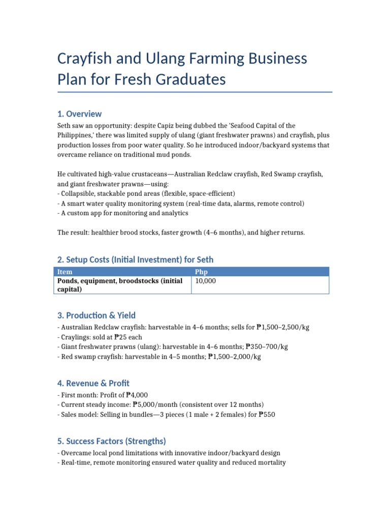 Crayfish Farming Business Plan (1) | PDF