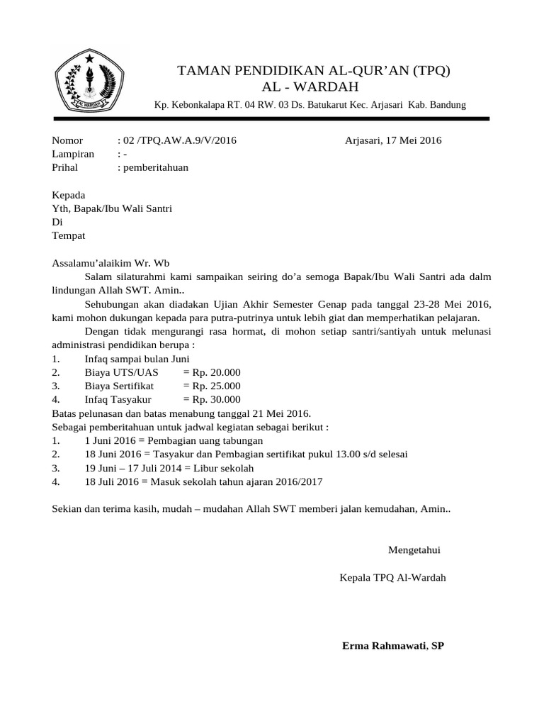 Surat Pemberitahuan Smstr Genap 2014 | PDF