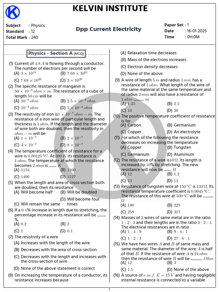 Dpp Current Electricity 1737027416 | PDF | Electrical Resistivity And ...