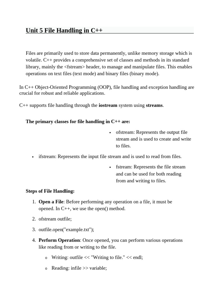 Unit 5 File Handling in CPP | PDF | C++ | Computer File