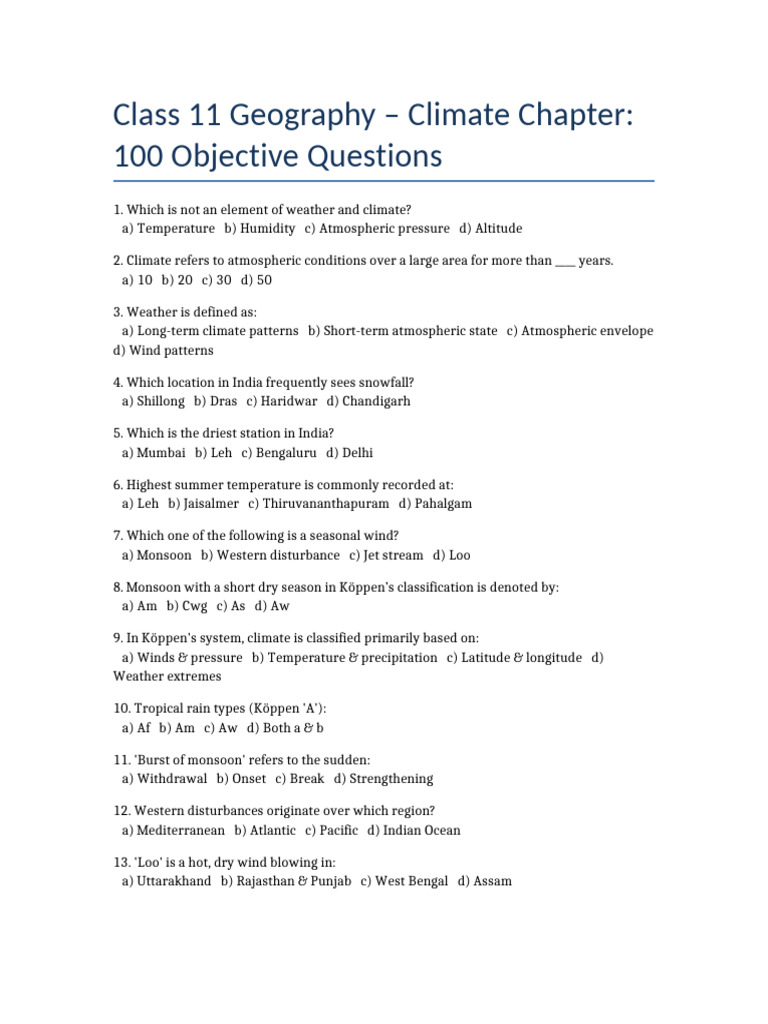 Class 11 Geography: Climate Quiz | PDF | Monsoon | Tropical Meteorology