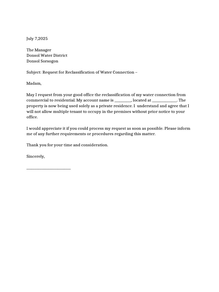 Water Connection Reclassification Request | PDF