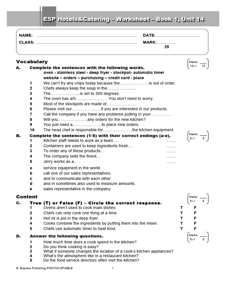2_esp_hotels_catering_worksheet_book_1_unit_14 | PDF | Kitchen | Chef