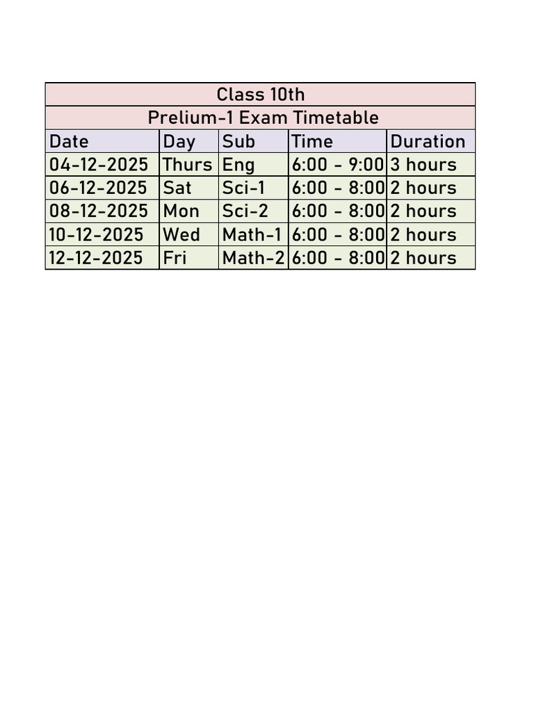 Class 10th Prelium Exam Schedule | PDF