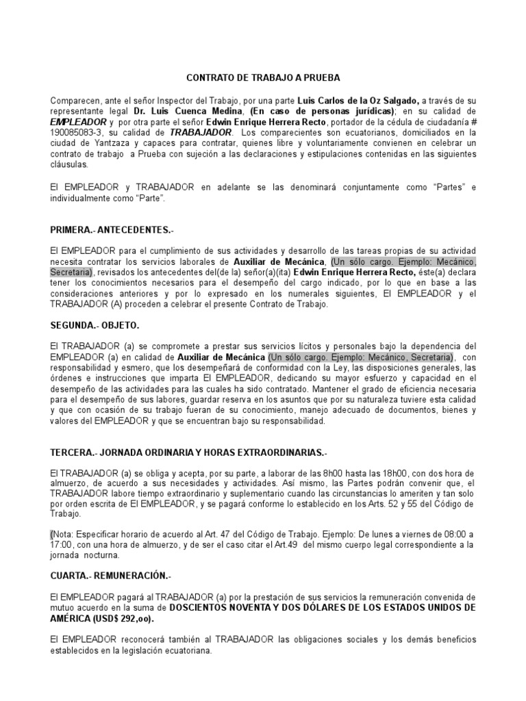 Contrato A Prueba | PDF | Derecho laboral | Calidad (comercial)