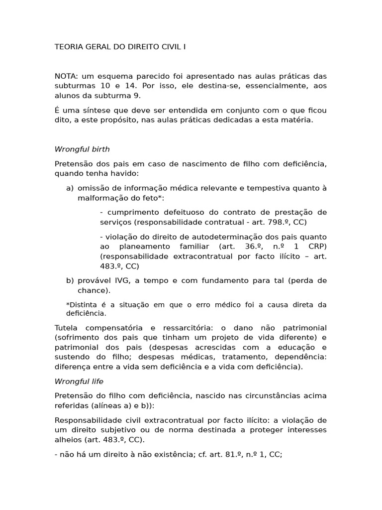 Wrongful Birth e Wrongful Life no Direito Civil | PDF