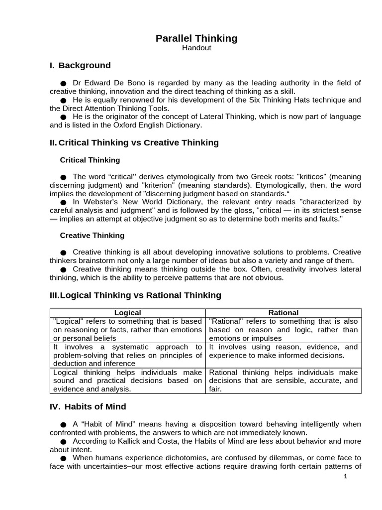 Handout - Parallel Thinking (Critical and Creative Thinking) | PDF ...