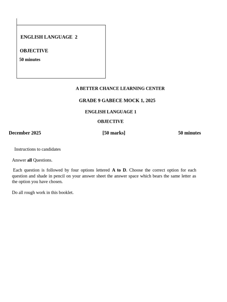 Grade 9 English Language Mock Exam 2025 | PDF