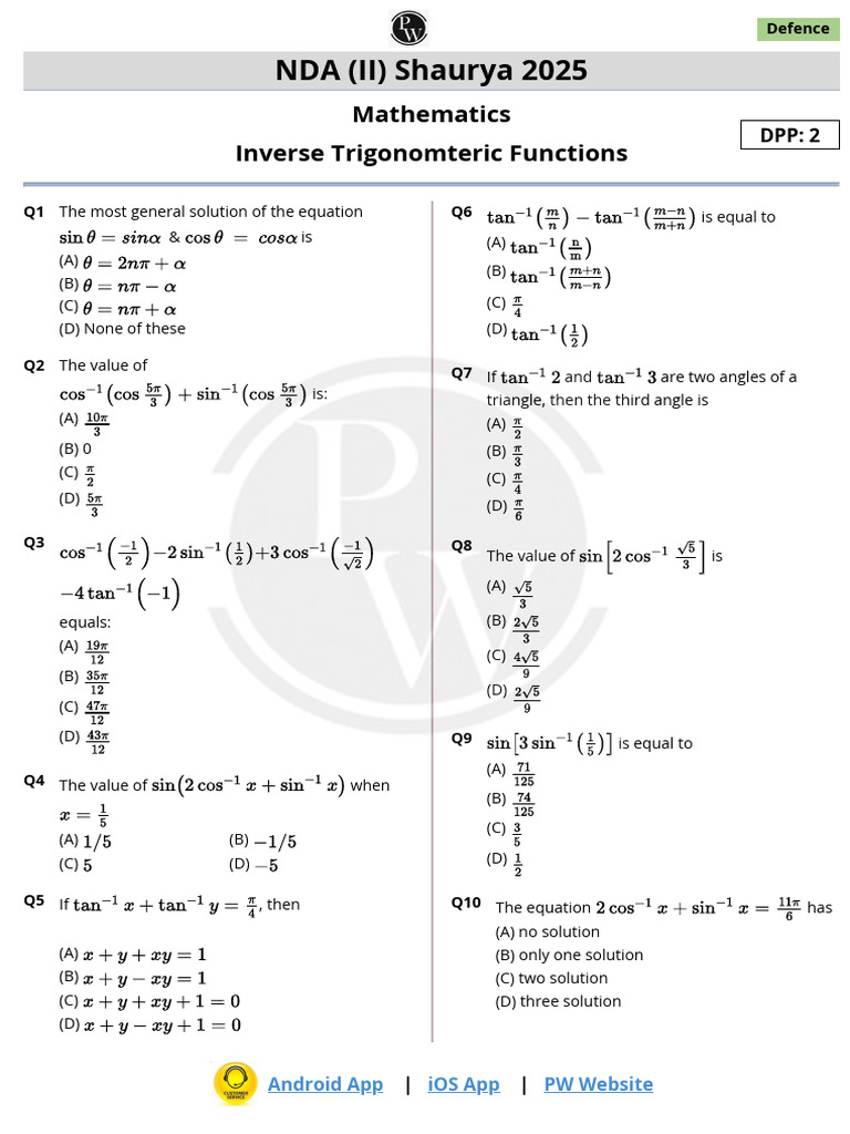 Inverse Trigonomteric Functions - DPP 02 | PDF | Elementary Geometry ...