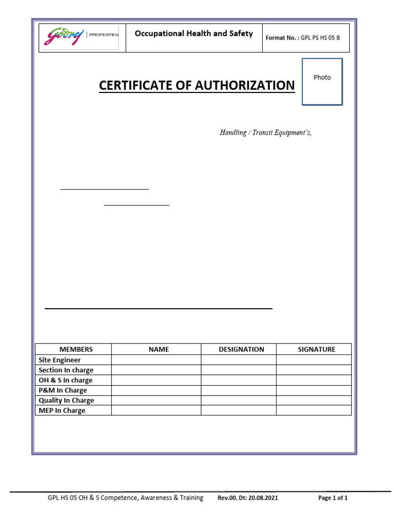 Crane Operation Authorization Certificate | PDF