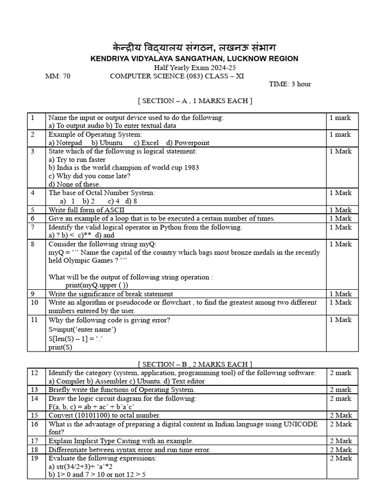 Class XI Computer Science Half Yearly Exam 2024-25 | PDF | Computer ...