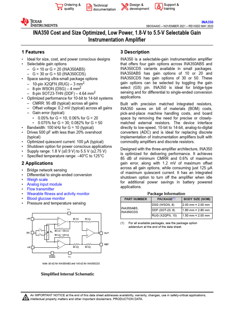 INA350 Cost and Size Optimized, Low Power, 1.8-V to 5.5-V Selectable Gain | PDF | Electrostatic ...