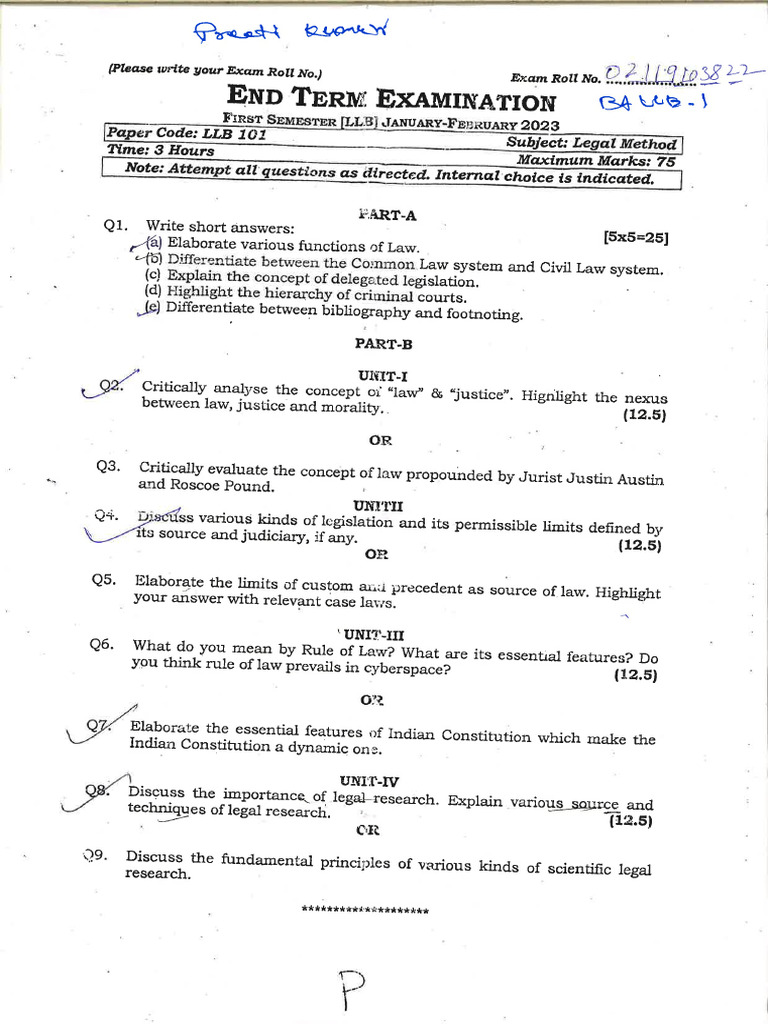 Bba LLB 1 Sem (2023) | PDF