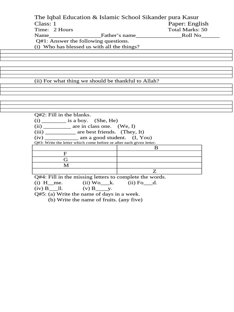 Class 1 English | PDF