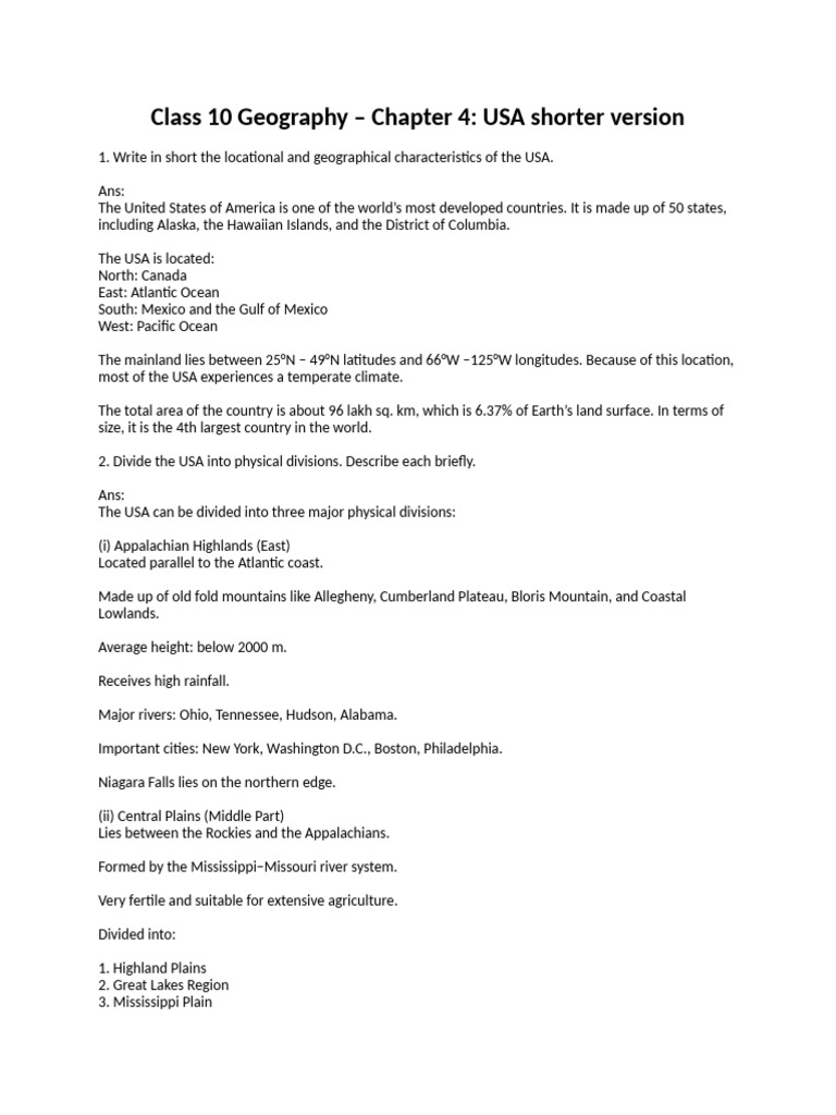 Class 10 Geography - Chapter 4 USA Shorter Version | PDF | Agriculture ...