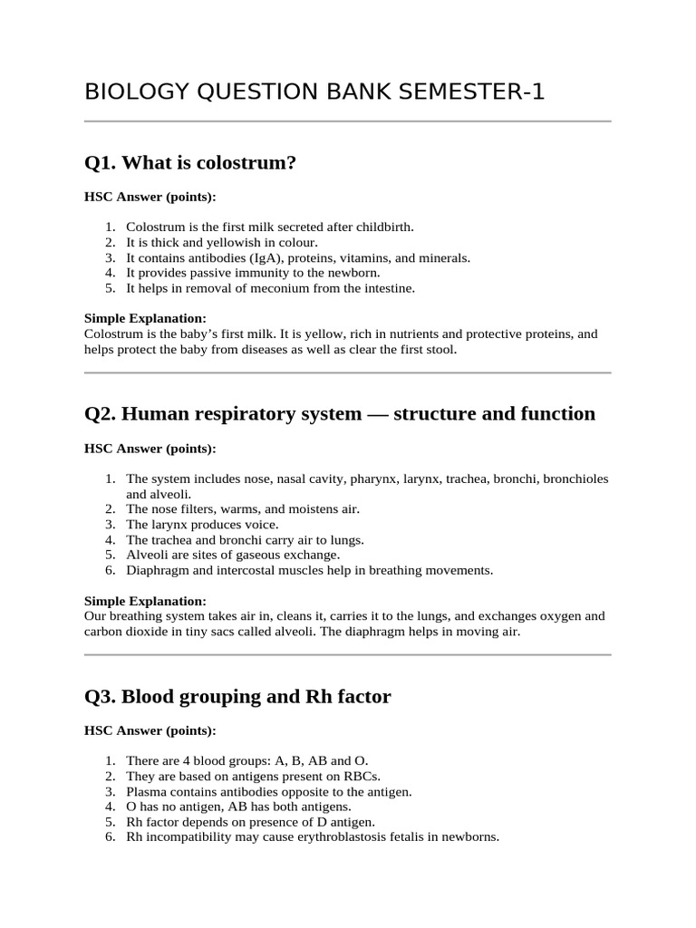 Biology Question Bank for Semester 1 | PDF | Coagulation | Respiratory ...