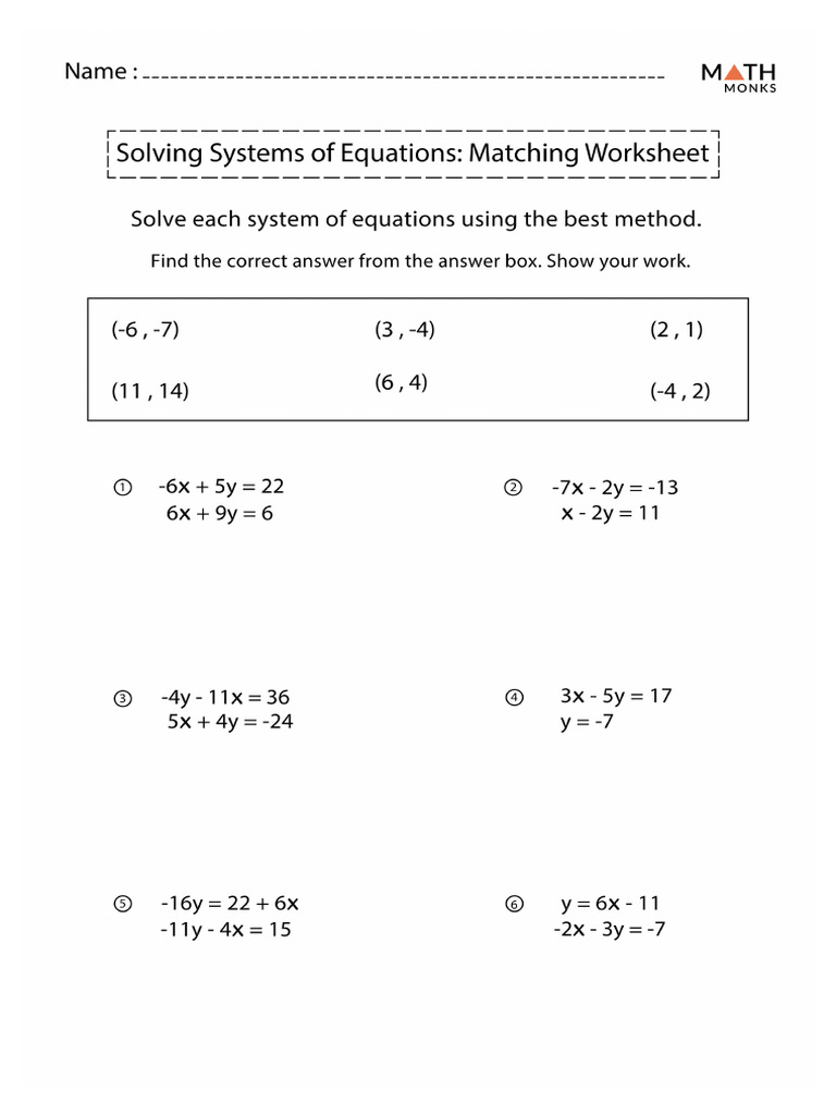 Solving Systems of Equations Matching Worksheet With Answer Key | PDF