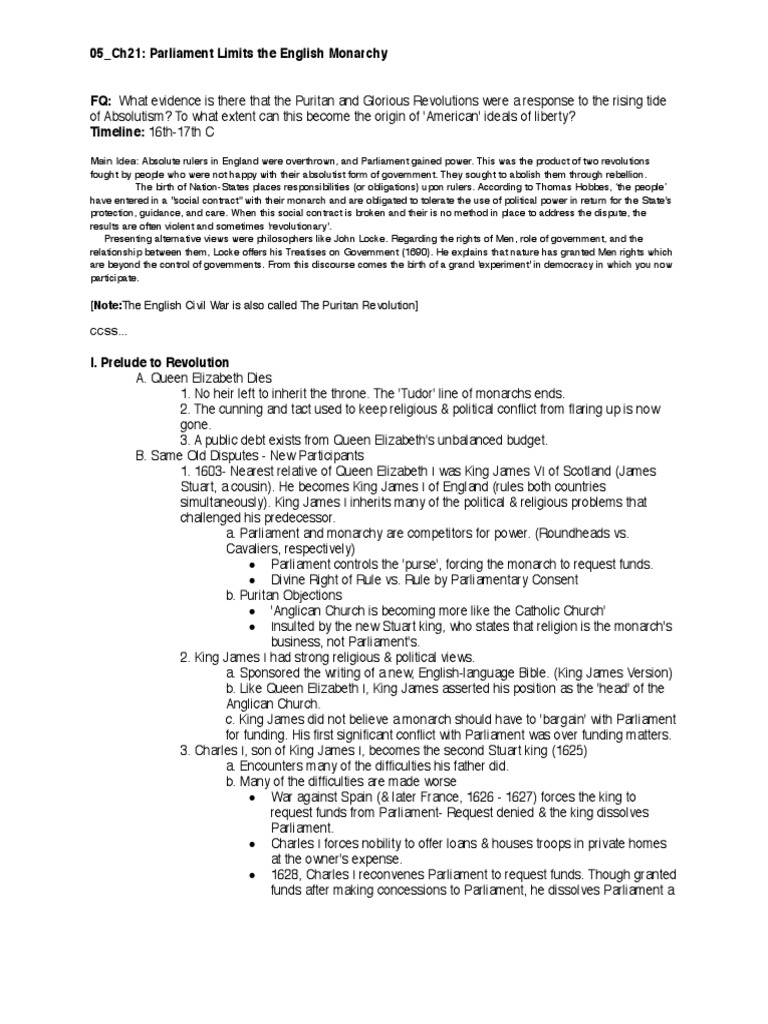 Parliament's Role in Limiting Monarchy | PDF | English Civil War ...
