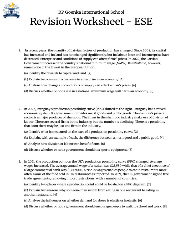 Revision Worksheet - ESE | PDF | Labour Economics | Minimum Wage