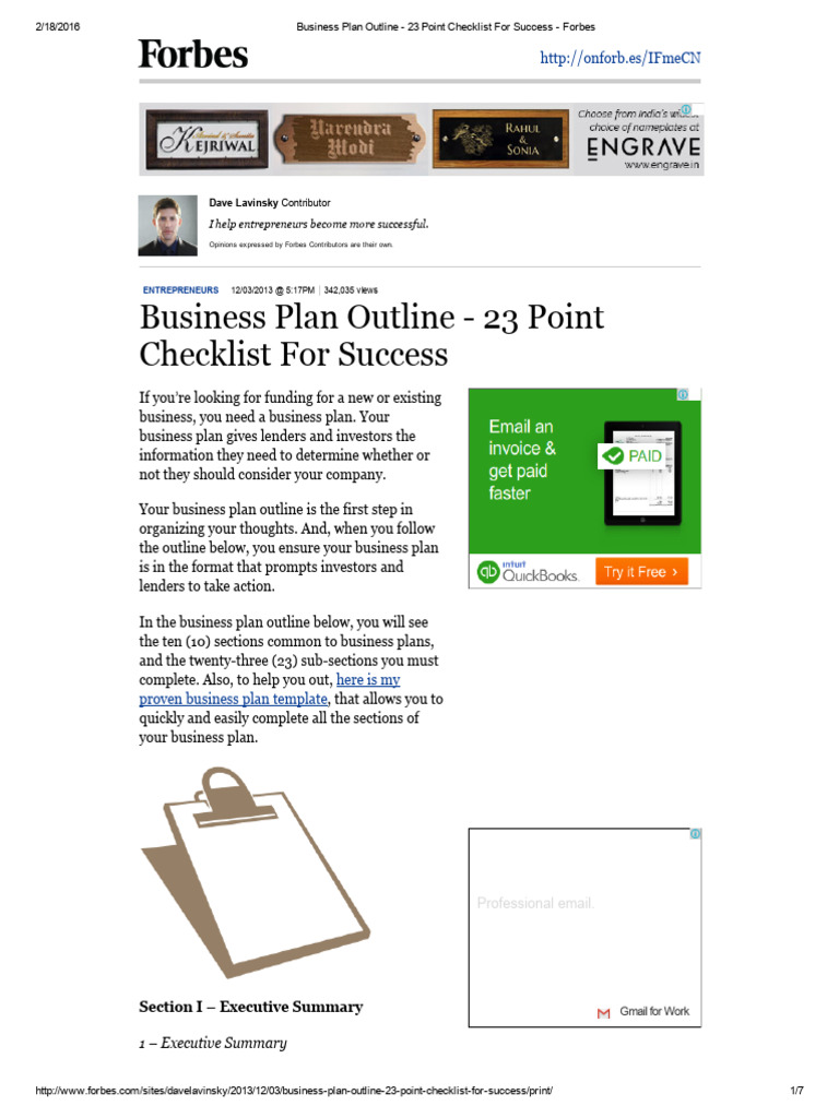 Business Plan Outline - 23 Point Checklist for Success - Forbes | PDF ...