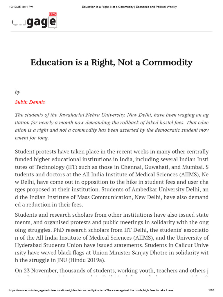 Education Is A Right, Not A Commodity - Economic and Political Weekly ...