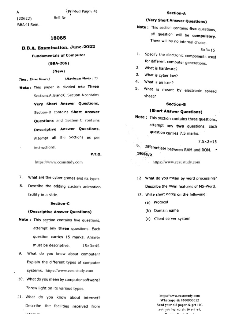 Bba 2 Sem Fundamentals of Computer 18085 Jun 2022 | PDF