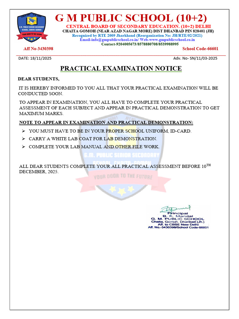 G M Public School Practical Exam Notice | PDF