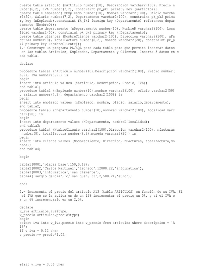 Ejercicios PLSQL | PDF | Programación de computadoras | SQL