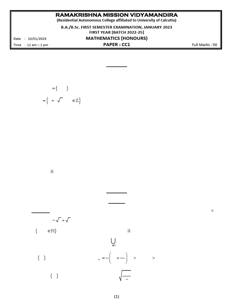 Ug 1 Sem Mtma Cc1 Question Paper Jan 23 | PDF | Sequence | Function ...