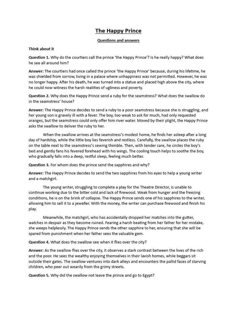 The Happy Prince: Key Questions & Answers | PDF | The Happy Prince And ...