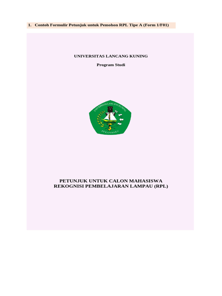 Contoh Formulir Petunjuk Untuk Pemohon RPL Tipe A (Form 1 F01) | PDF