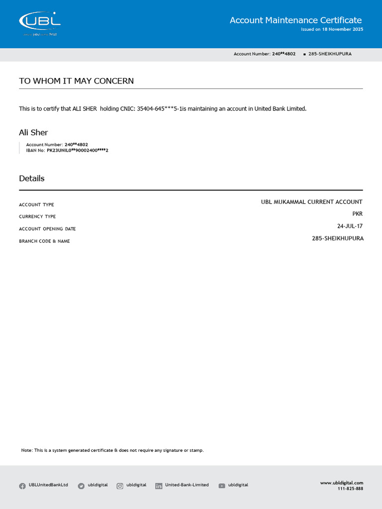 Account Maintenance Certificate UBL | PDF
