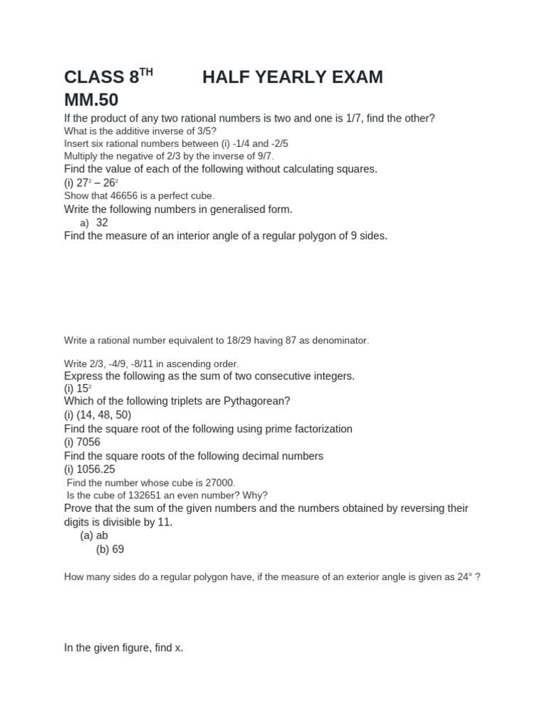 Class 8th Half Yearly Exam - Copy | PDF