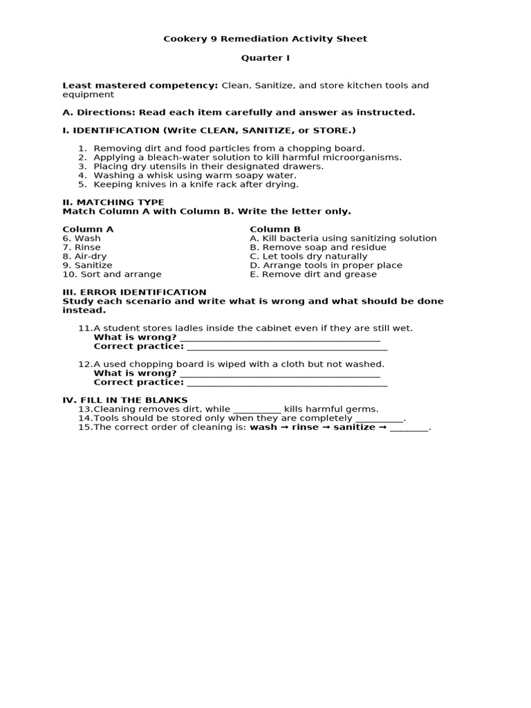 Cookery 9 Remediation Activity Sheet | PDF | Hors D'oeuvre | Cuisine