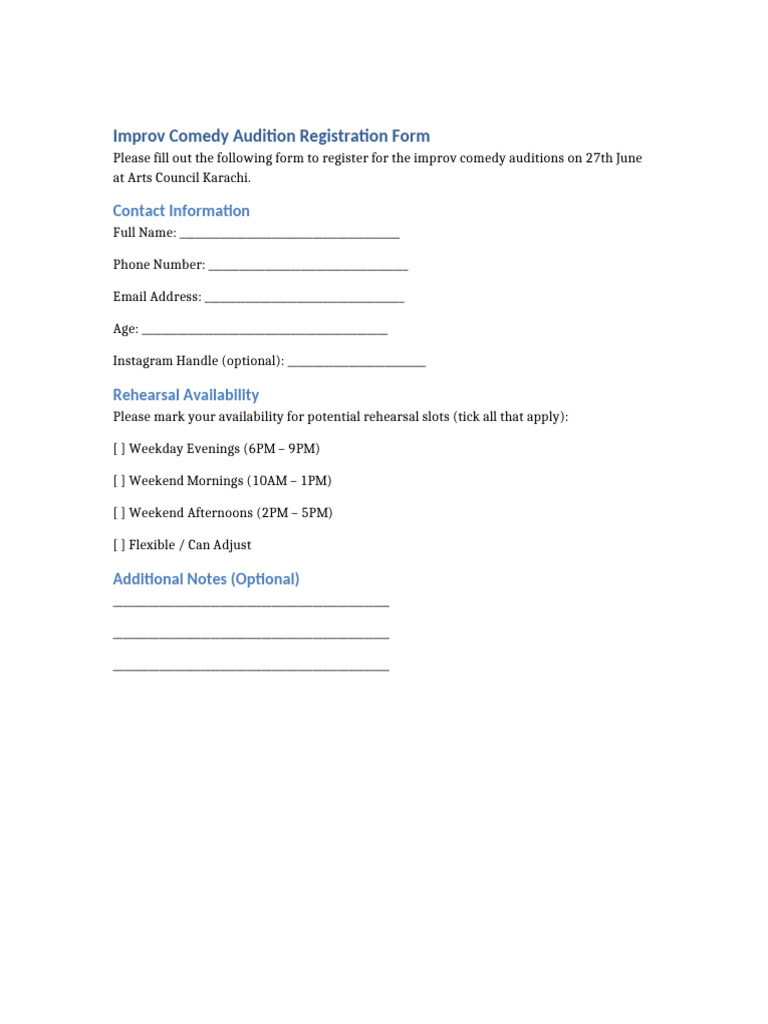 Improv Comedy Audition Registration Form | PDF